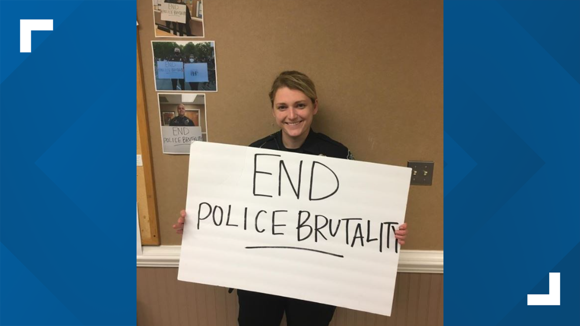 Burlington officers hold 'End Police Brutality' sign | wfmynews2.com