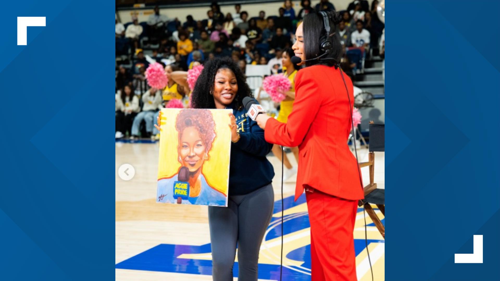NC A&T artist captures ESPN’s Amina Smith in live painting | wfmynews2.com