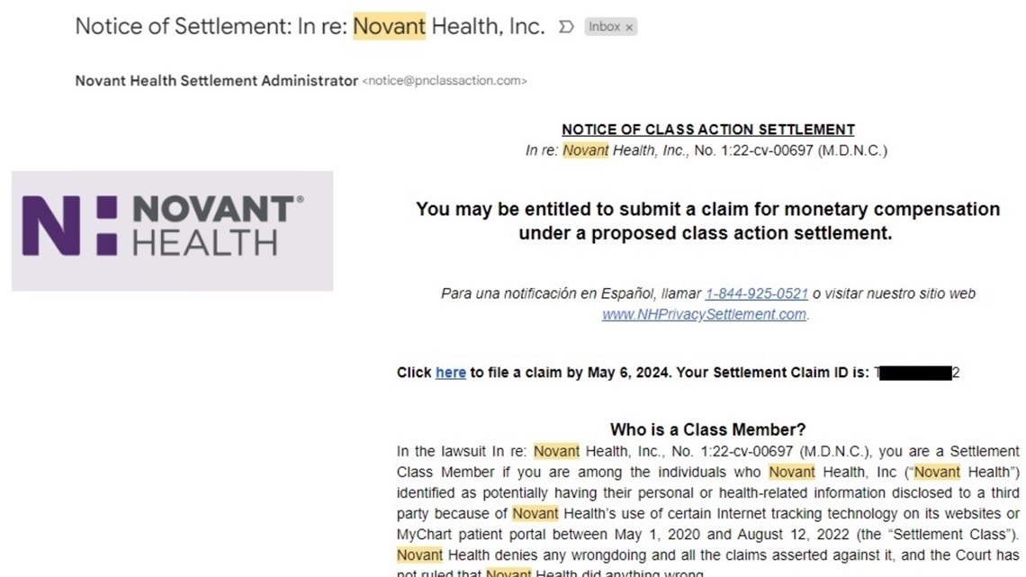Novant Settlement email: You have until May 6 to submit a claim ...