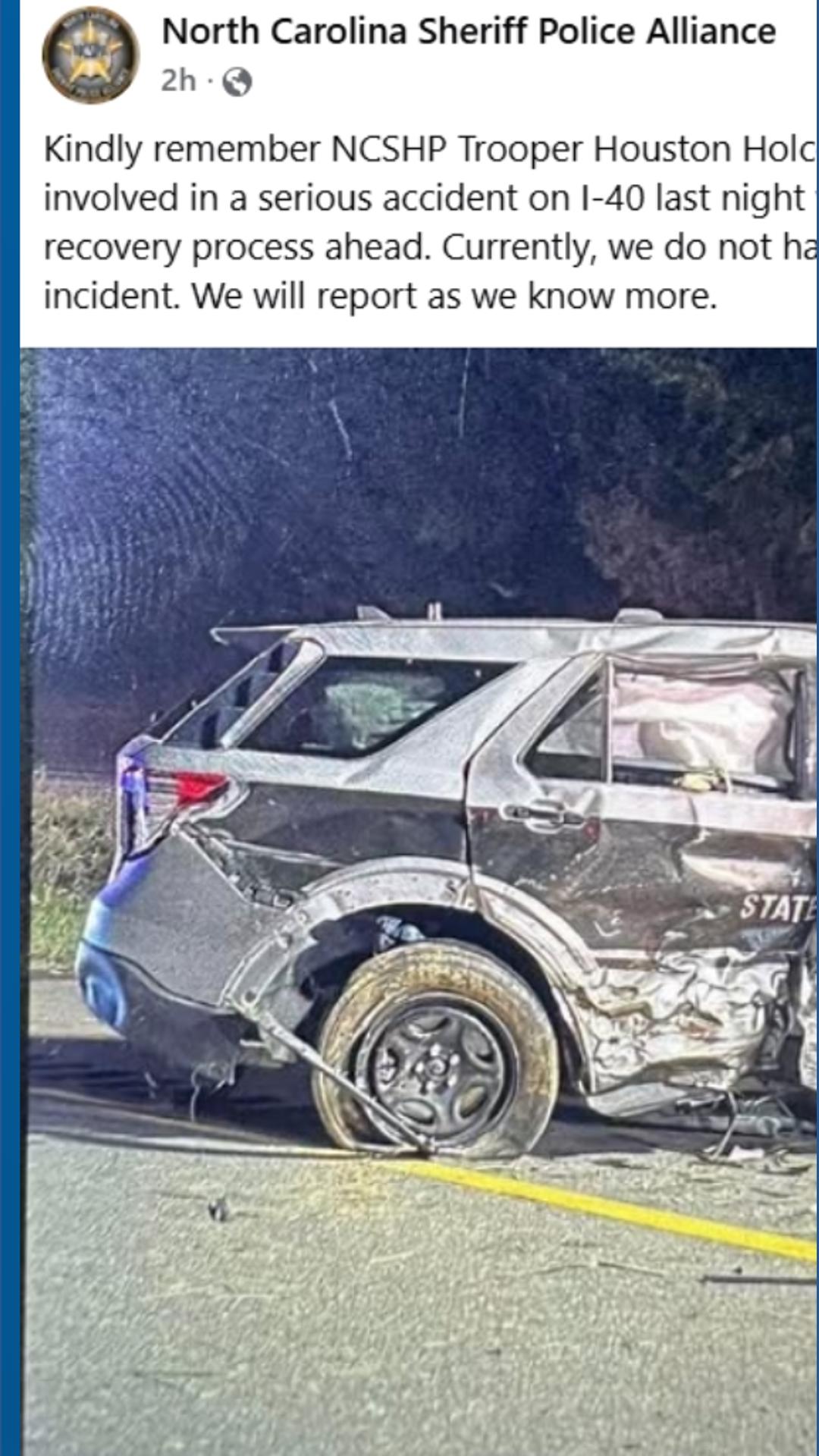 State trooper injured in crash on I-40: North Carolina Sheriff Police ...