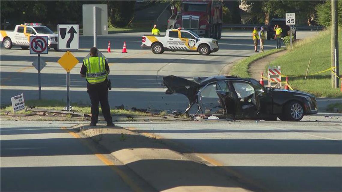 Mangled car at Fleming Road crash scene in Greensboro | wfmynews2.com