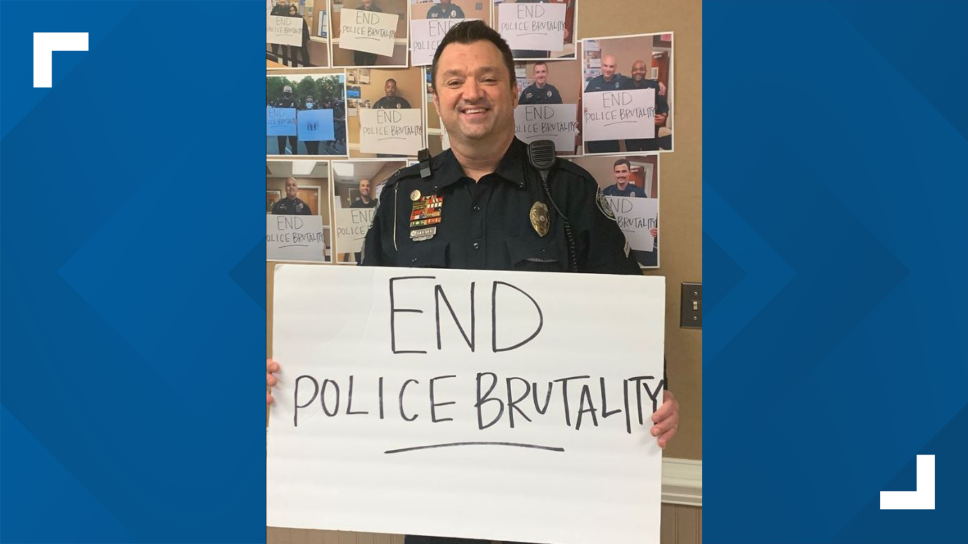 Burlington officers hold 'End Police Brutality' sign | wfmynews2.com
